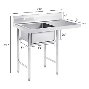 WILPREP Commercial Stainless Steel Sink, Free Standing Restaurant Sink, Kitchen Prep & Utility Sink for Home, Garage, Bar, Laundry Room (1 Compartment with Drainboard, 39" W x 17.7" D x 37.4" H)