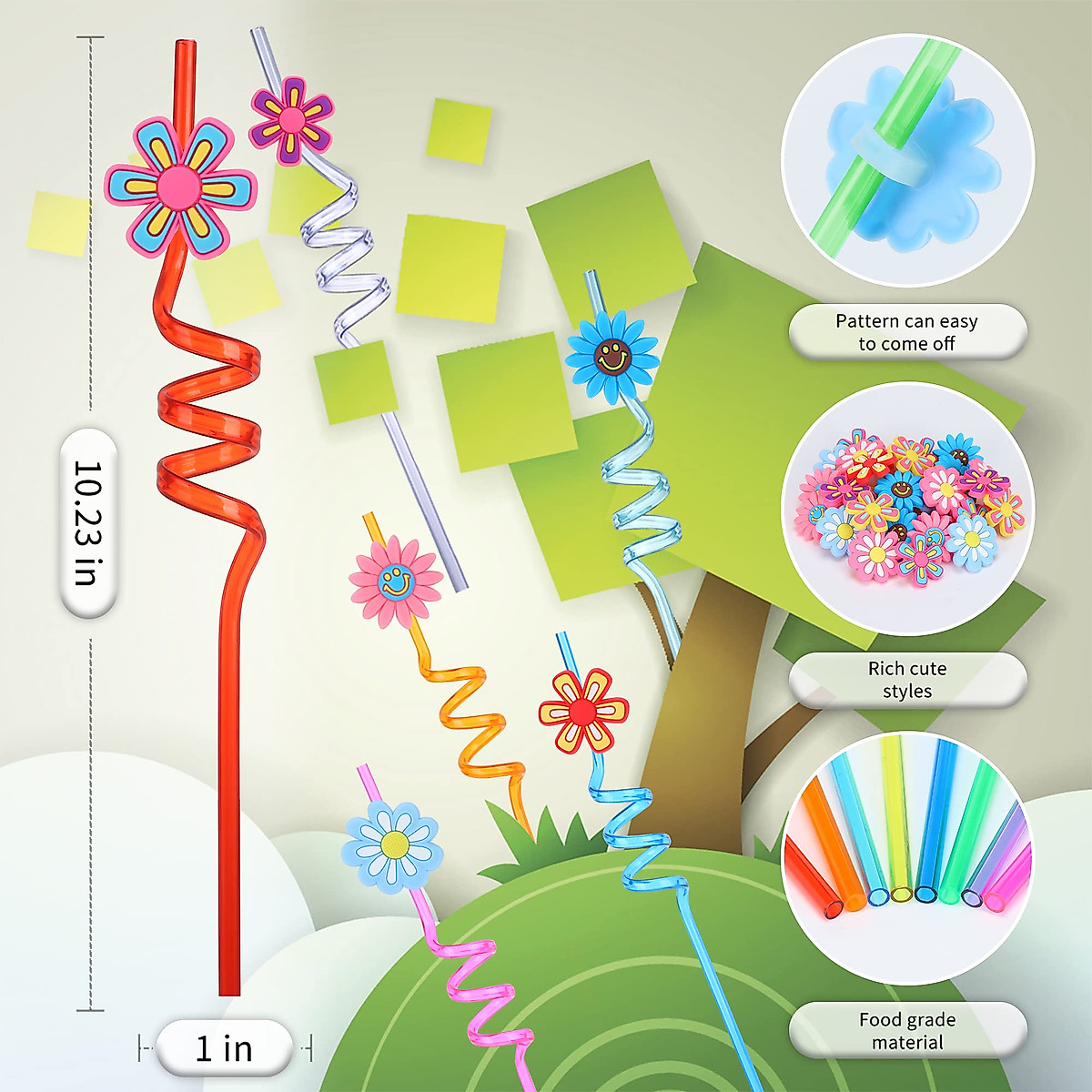 32pieces Flower Drinking Straws for Kids Reusable Flower Theme Kids Party Supplies Favors Decorations