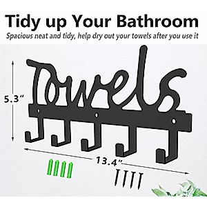 Towels Rack Hanger 5 Hooks Organizer Wall Mount Holder Black Metal Rustproof and Waterproof for Bathroom Storage Rack to Hang Your Towels Robes Clothing Black Space Saving