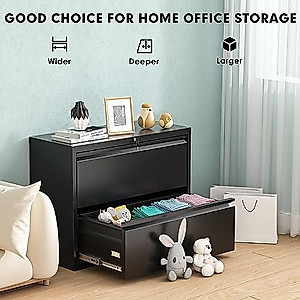 Pataku Lateral File Cabinet, 2 Drawer File Cabinet with Lock, Black Filing Cabinets for Home Office, Metal File Cabinet for Hanging Files/Letters/Legal/F4/A4