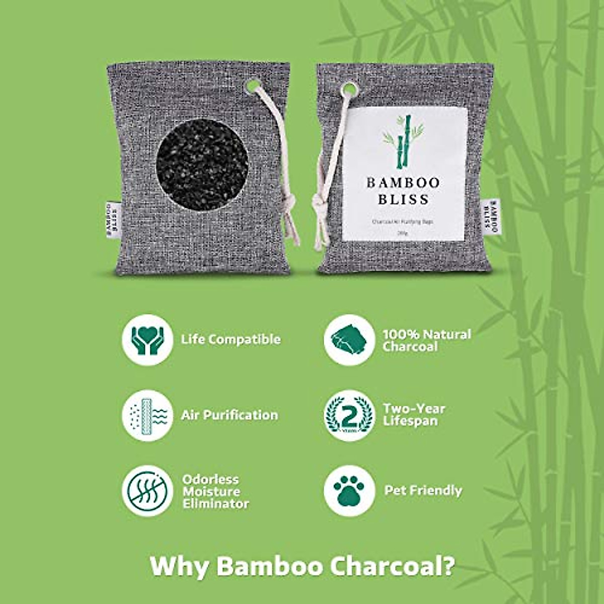 Bamboo Charcoal Air Purifying Bag (4x200g), Natural Charcoal Bags Odor Absorber and Cleaning Supply for Car, Office, Closet, Home, Kitchen, Rooms, Pets.