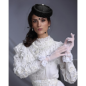 Bniksok Black Fascinators Hats with Veil for Women Vintage Halloween Pillbox Hat 1920s 50s Gatsby Cocktail Tea Party Headwear, Lace Gloves Pearl Necklace