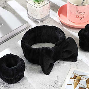 Hanaive 3 Pcs Face Wash Headband Wristband Set for Women Spa Bow Skincare Headband Soft Makeup Wrist Towel for Washing Face Hair Supplies(Black)