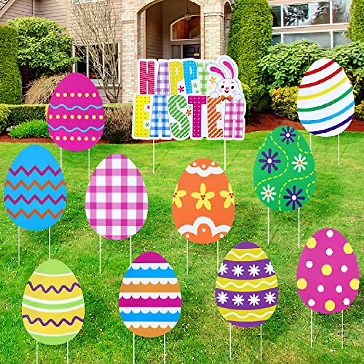 Cosyway 11 PCS Easter Yard Signs, Outdoor Easter Decorations Yard Stakes Waterproof Plastic Egg Shaped and Happy Easter Signs for Lawn Yard Garden Holiday Decor