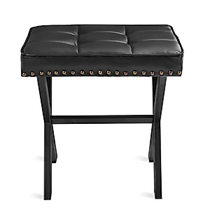 LUE BONA Vanity Stool, Square Faux Leather Makeup Stool with Metal X Legs, Small Ottoman Stool Chair for Vanity, Modern Padded Vanity Seat Foot Rest Stool for Makeup Room, Living Room, Black