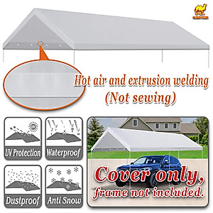 Strong Camel 10 x 20-Feet Carport Replacement Canopy Cover for Tent Top Garage Shelter Cover w Ball Bungees Waterproof (Only Cover, Frame is not Included) (10' x 20' with Edge)