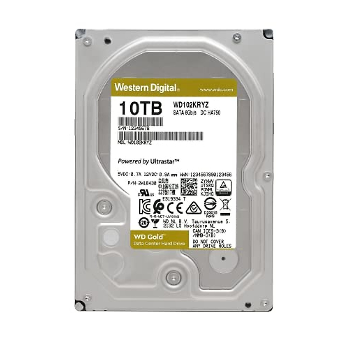 Western Digital 10TB WD Gold Enterprise Class Internal Hard Drive - 7200 RPM Class, SATA 6 Gb/s, 256 MB Cache, 3.5" - WD102KRYZ