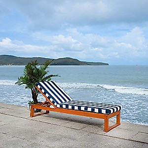 SAFAVIEH Outdoor Collection Solano Natural Wood/ Navy Stripe Cushion Patio Backyard Chaise Lounger Chair