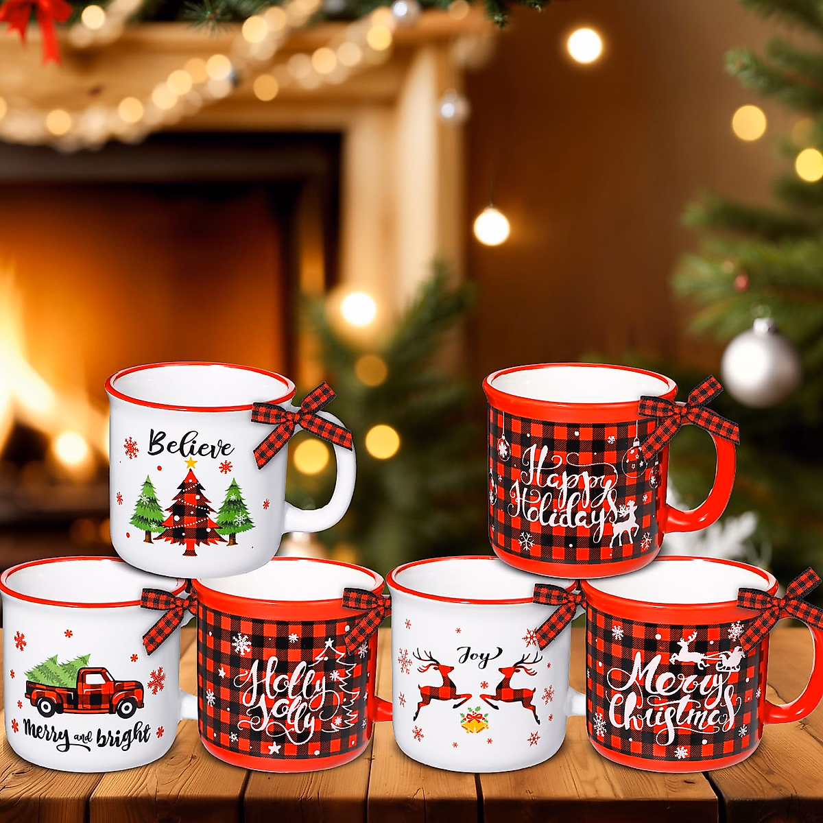 ZOIIWA 6 Pack Christmas Coffee Mug Set with Red Black Plaid Ribbon for Holiday Party Ceramic Mugs For Christmas Gift Christmas Theme Decor for Home Kitchen Table Centerpieces Decor Housewarming Gift