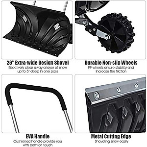 Happygrill Snow Shovel Pusher Snow Removal Tool Wheeled Snow Pusher with Adjustable Handle