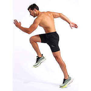 Pudolla Men’s 2 in 1 Running Shorts 5" Quick Dry Gym Athletic Workout Shorts for Men with Phone Pockets(Black Medium)