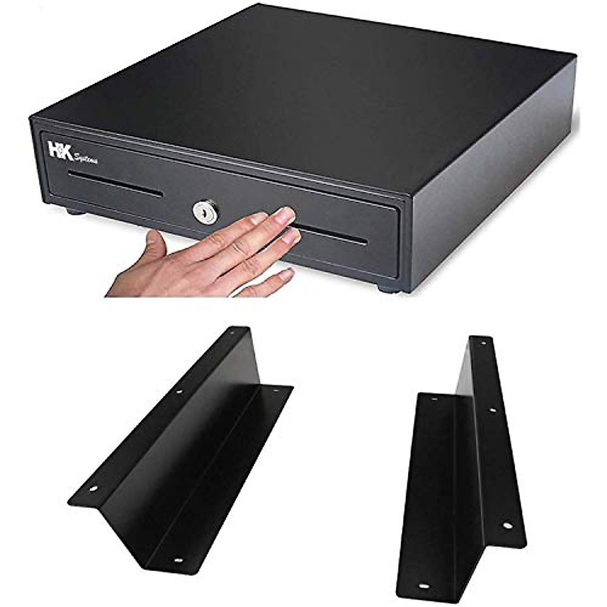 HK SYSTEMS 13" Heavy Duty Black "Push" Open Cash Drawer, 4B5C with Under Counter Mounting Metal bracket