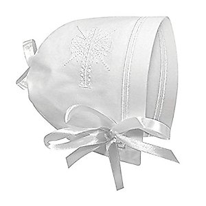Stephan Baby Bonnets - White Cotton Christening Bonnet with Cutwork Embroidered Cross and Satin Bows, One Size, Straight Hem