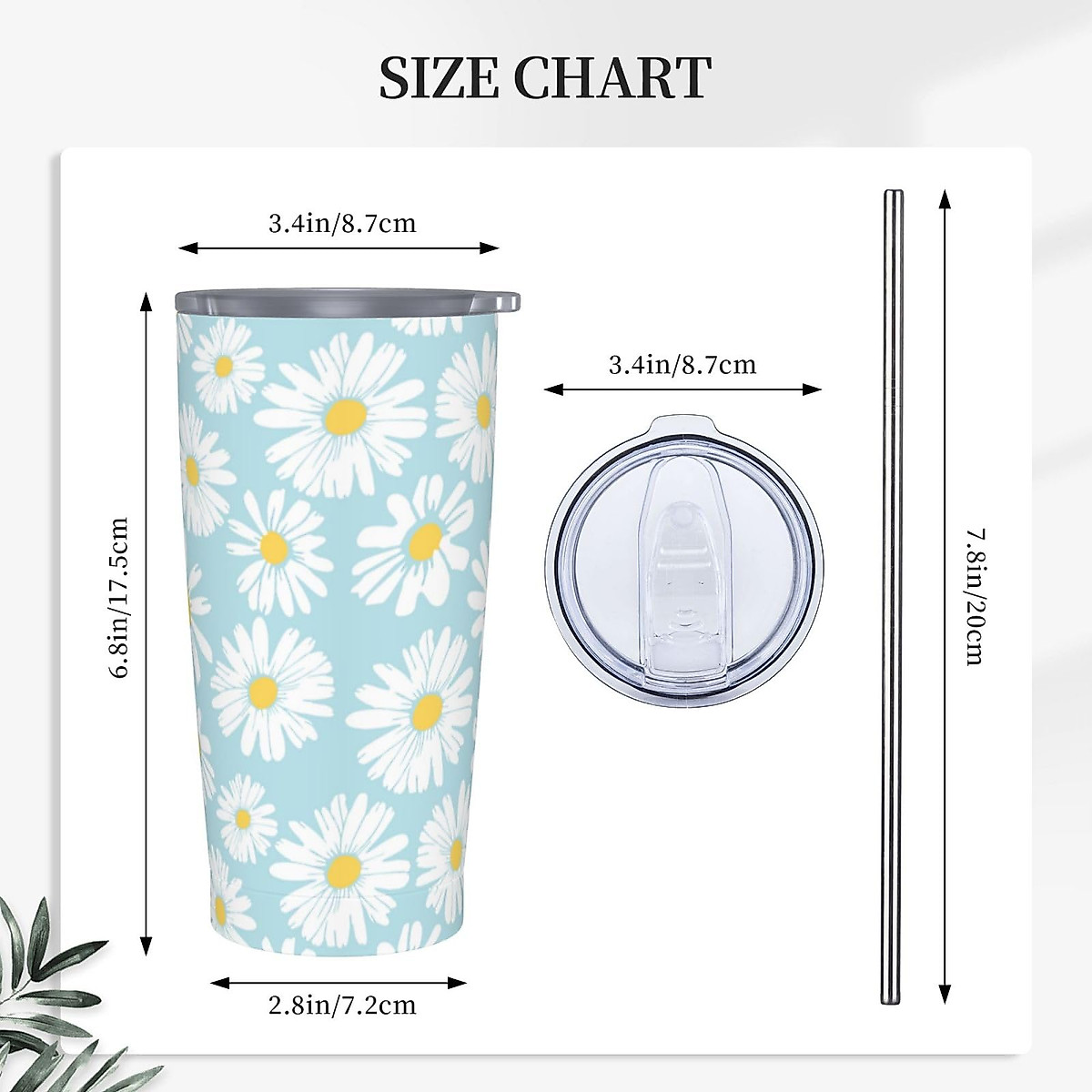 CHASOEA Daisy Flowers Tumbler 20oz Floral Stainless Steel Insulated Tumblers with Lid and Straw Light Blue Travel Coffee Mug Tea Wine Cups Water Bottle Sport Gifts for Women