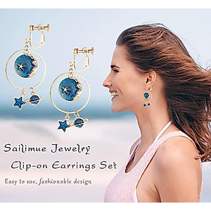 SAILIMUE 5Pairs Clip on Earrings Dangle Set for Women Teen Girls Cute Moon and Star Earrings Non Pierced Ear Clip Saturn Earrings