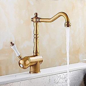 Kitchen Rotatable Washing Pool Hot and Cold Water Mixer Tap Antique Copper Drawing Sink Tap with Ceramics Handle Bathroom WC Bath Wash Basin Faucet