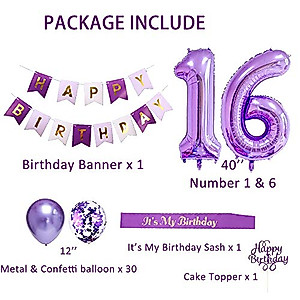 16th Birthday Decorations for Girls, 16th Birthday Balloons Purple, 16th Birthday Decorations, Purple Balloons, It's My Birthday Sash, Cake Topper, Birthday Banner for 16th Birthday Decorations