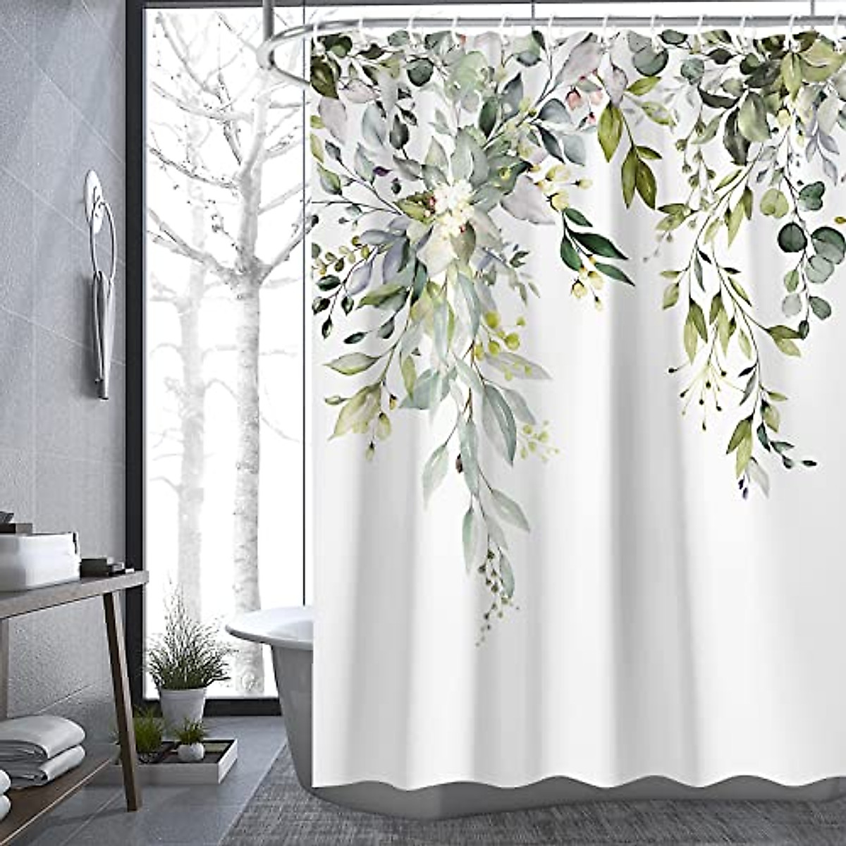Onlalasyc Plant Shower Curtain, Watercolor Leaves on The Top Shower Curtain Sets for Bathroom Home Hotel, Waterproof and Machine Washable with 12 Hooks, 72×72 inch
