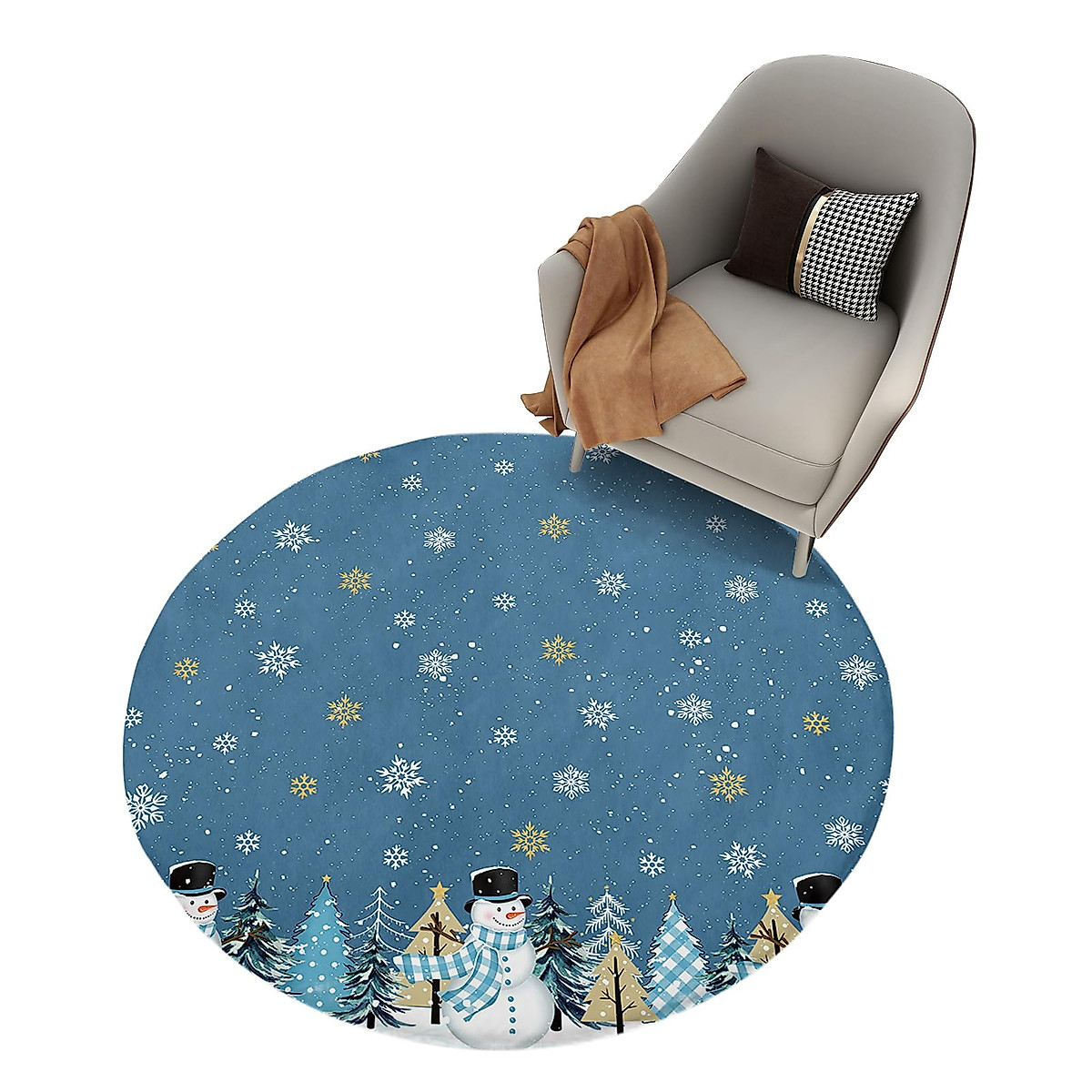 Christmas Snowman Fluffy Round Area Rug Carpets 3.3ft, Plush Shaggy Carpet Soft Circular Rugs, Non-Slip Fuzzy Accent Floor Mat for Living Room Bedroom Nursery Home Decor Blue Winter Tree Snowflake