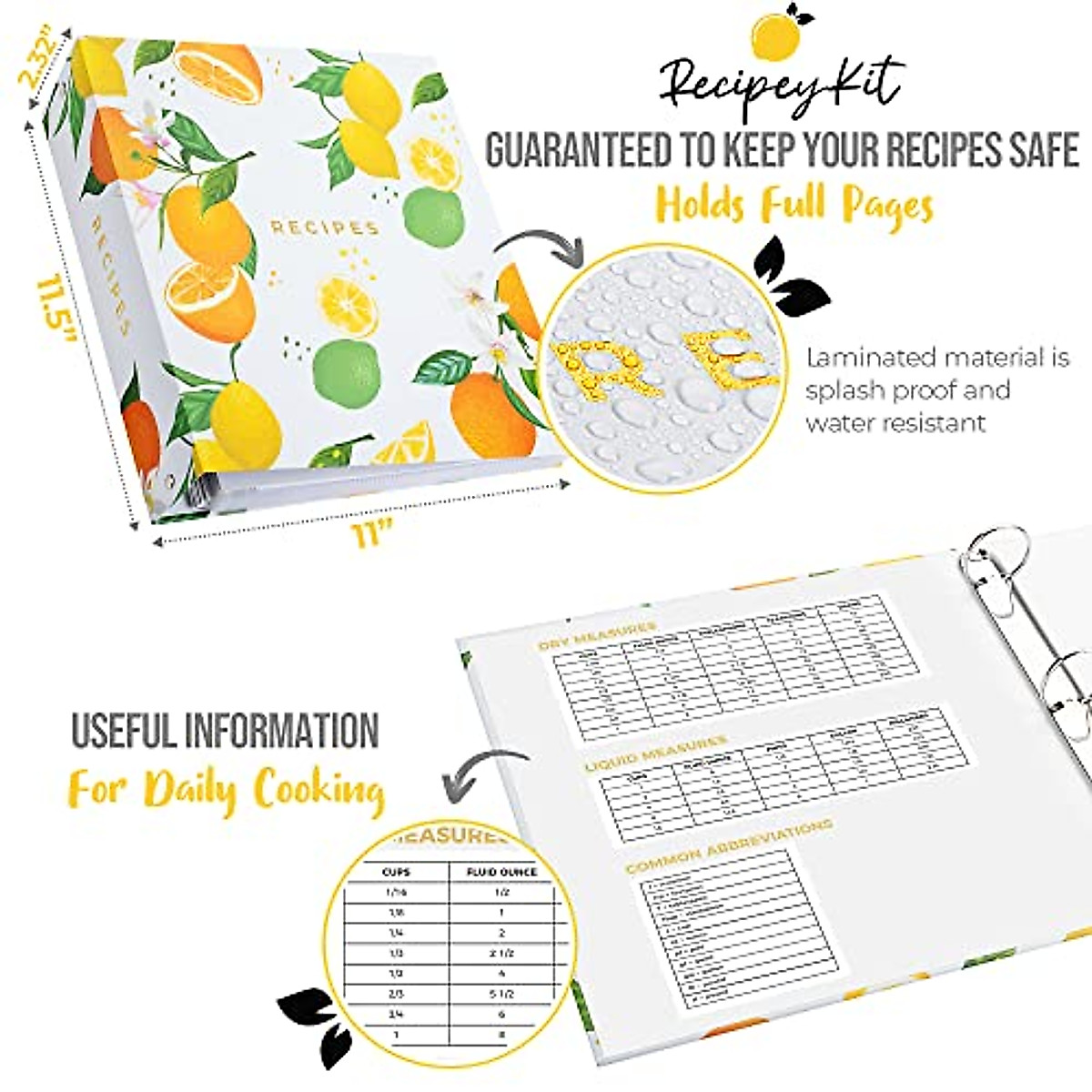 RECIPEYKIT Recipe Binder 8.5x11 3 Ring - Amazing New Design - Cards, Plastic Sleeves, Dividers, Labels - Recipe Binder Kit Organizer (Citrus Bloom)