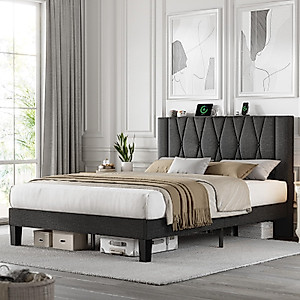 ONBRILL Queen Bed Frame with Headboard, Heavy-Duty Linen Upholstered Platform Bed Frame w/Charging and Storage, Button Tufted, Wooden Slats Support, No Box Spring Needed, Easy Assembly, Dark Grey