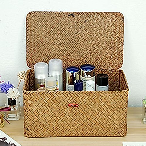 Casaphoria Large Square Sea Grass Baskets for Storage Seaweed Woven Sundries Baskets Sturdy and Durable Natural Material for Make-up with Lid Big Rectangular Seagrass Towel Baskets for Organizing