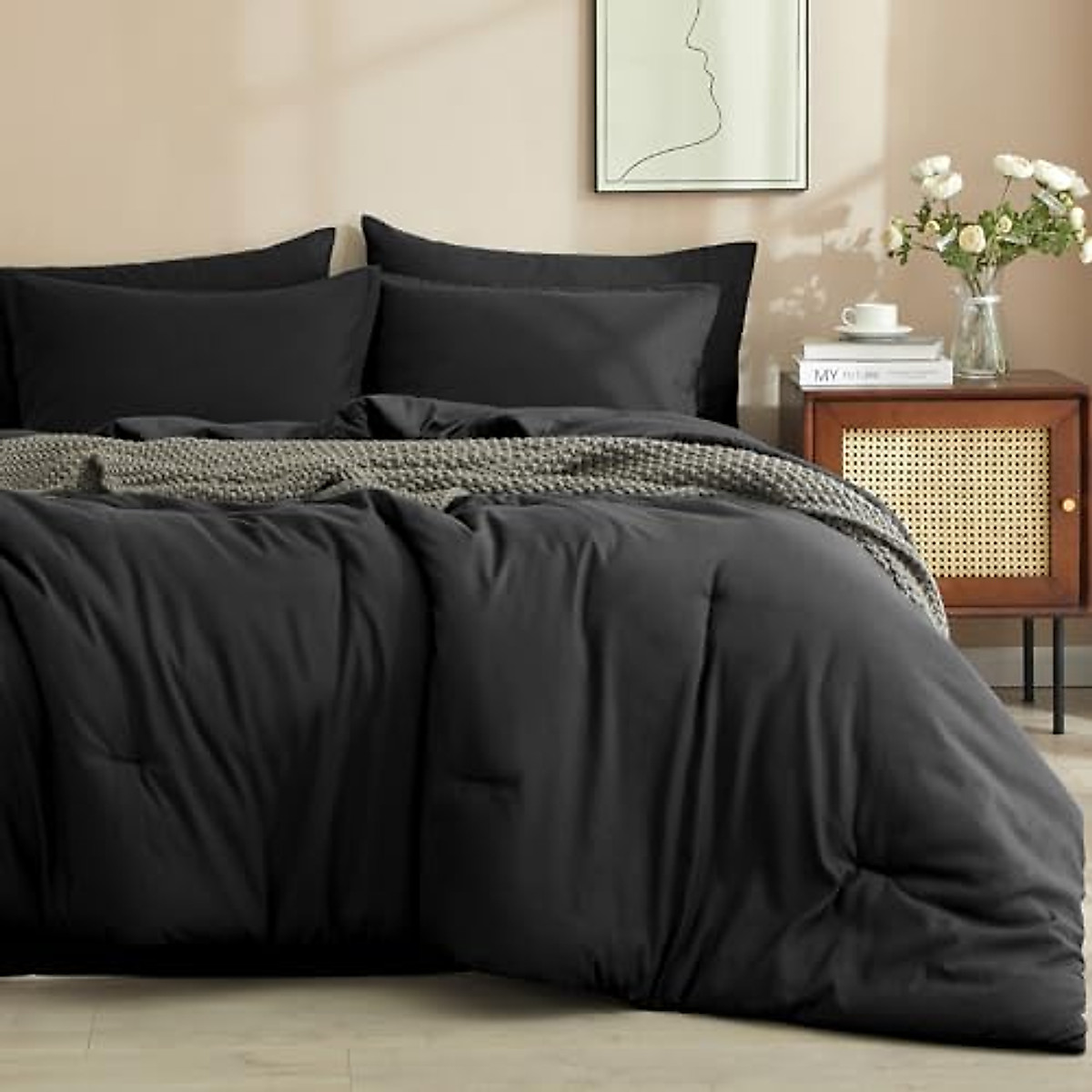 PHF 7 Pieces California King Comforter Set, Bed in A Bag Comforter & 16" Sheet Set All Season, Ultra Soft Comfy Bedding Sets with Comforter, Sheets, Pillowcases & Shams, Black