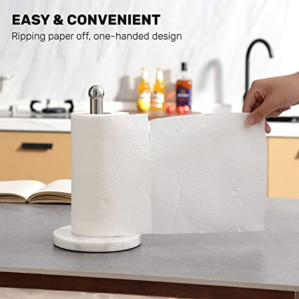 Paper Towel Holder with Sturdy Marble Base, Free Standing Paper Towel Holder Countertop, One-Handed Use, No Wobbly (Brushed Nickel)