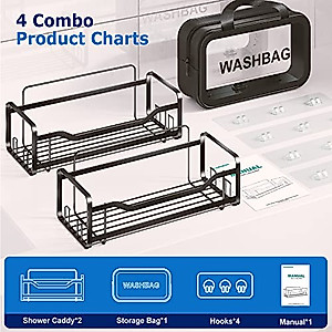 Scorsese Shower Caddy, Adhesive Shower Organizer No Drilling, 2-Pack Shower Shelves with Toiletry Bag, Rustproof Bathroom Shower Organizer for Inside Shower - Black