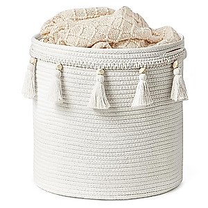 UBBCARE Decorative Cotton Rope Basket-14 x 15 in, Boho Woven Storage Basket with Tassel, Macrame Basket for Organizing Towels, Baby Toys, Cute Storage basket for Nursery