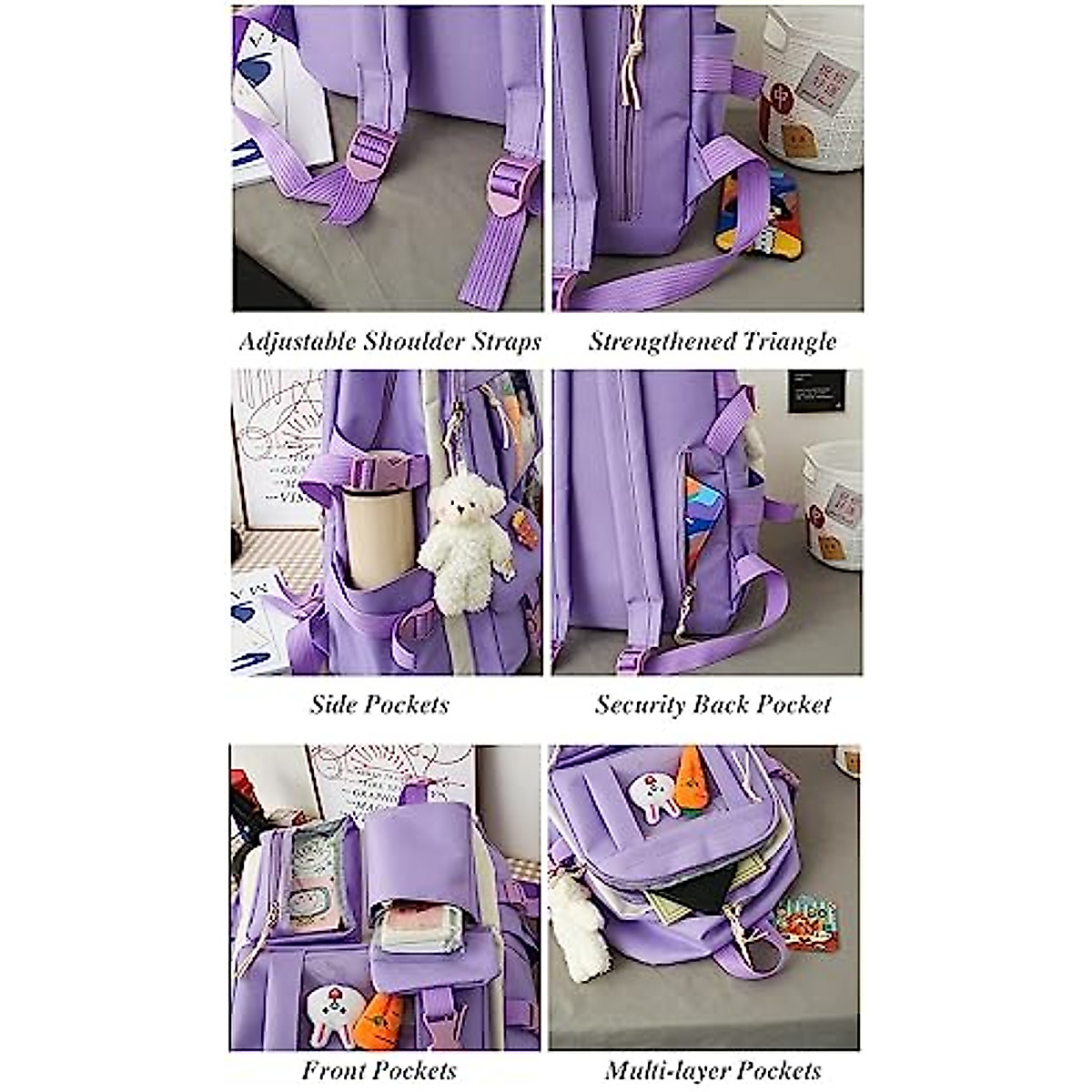 JHTPSLR Kawaii Backpack Set of 5 with Pins and Accessories Bunny and Carrot Plushies Cute Aesthetic Display Window Backpack Set (Blue)