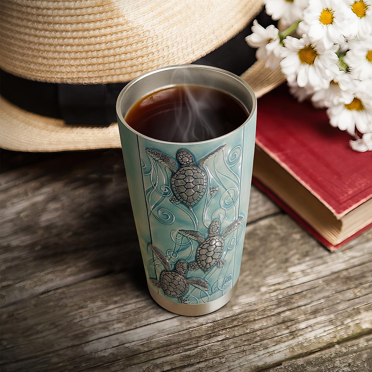 20oz Printed Ceramic Sea Turtle Tumbler, Gifts for Turtle Lovers, Ocean, Beach Gifts, Coffee Thermos for Women, Stainless Steel Double Wall Vacuum Insulated Coffee Mug, Travel Cup with Lid