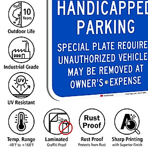 SmartSign "Handicapped Parking - Special Plate Required, Unauthorized Vehicles Removed" Sign | 12" x 18" 3M Engineer Grade Reflective Aluminum