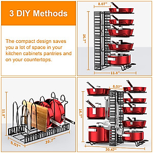 LeeWent Pots and Pans Organizer for Cabinet with 2 Hooks, Adjustable Pot and Pan Organizer Rack for Cabinet 8 Tiers Durable Steel Construction Pot Rack Space Saving Kitchen Storage