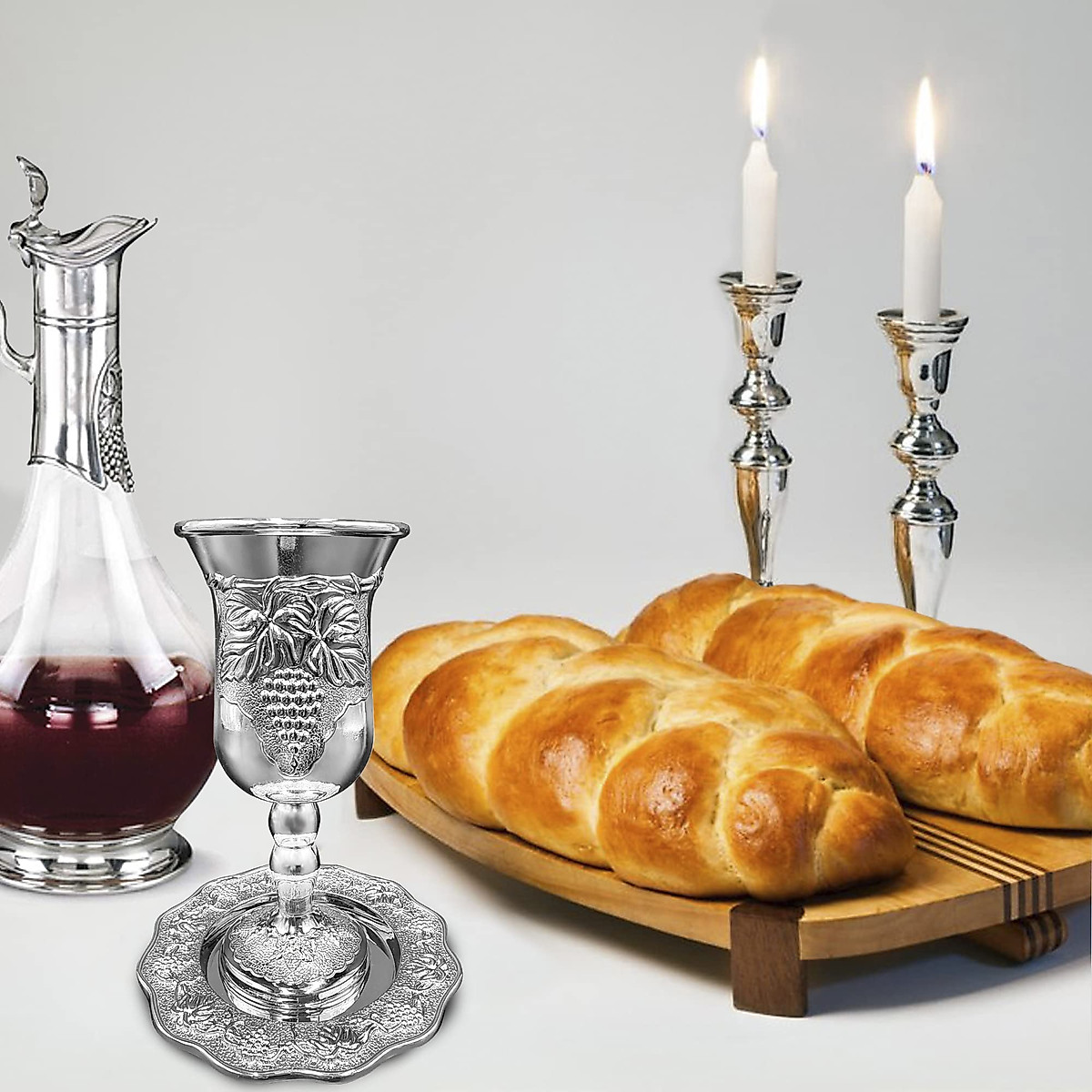 TALISMAN4U Silver Plated Kiddush Cup with Matching Tray Jewish Shabbat Cup on Base and Saucer Set Ornate Grape Design Judaica Gift