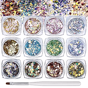 12 Colors Holographic Chunky Glitter Set, Makeup Face Body Eyeshadow Lips Hair Nails Cosmetic Festival Glitter for Hair, Face, Nail, Eyes, Eyeshadow, Cosmetics, Arts, Glitter, with 1 x Brush