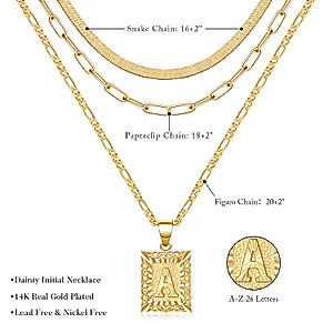 KissYan Gold Layered Initial Necklace Set for Womens, 14K Gold Plated Letter A Pendant Necklace Paperclip Snake Choker Alphabets from A-Z Figaro Chain Necklace Jewelry Gift