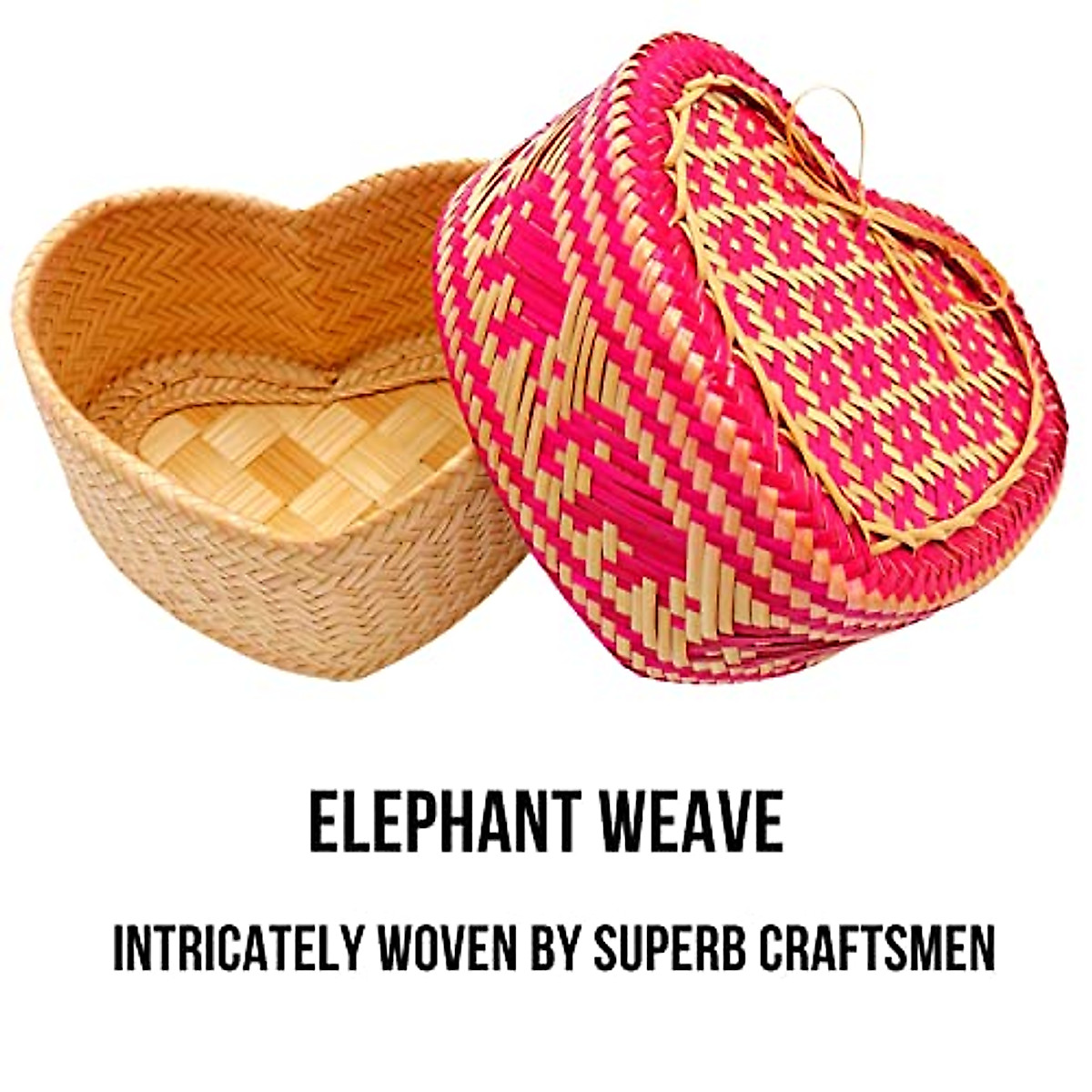 FOREVER 1 – Bamboo Sticky Rice Serving Basket 6.2 x 5.2 Inch, Kratip, Intricately Woven Container, Heart-Shaped, Elephant Weave Pattern, Bright Pink, Thailand Handmade, Dyed with Natural Based