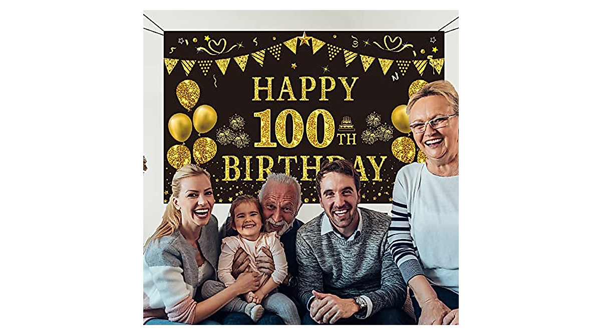 Black & Gold 100th Birthday Backdrop Banner for Parties