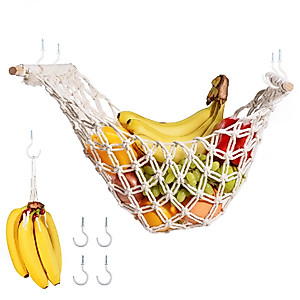 Fruit Hammock Under Cabinet Macrame Hanging Fruit Basket Veggie Banana Holder with Hooks Boho Decor for RV Camping Kitchen Organizers and Storage Christmas Housewarming Gifts