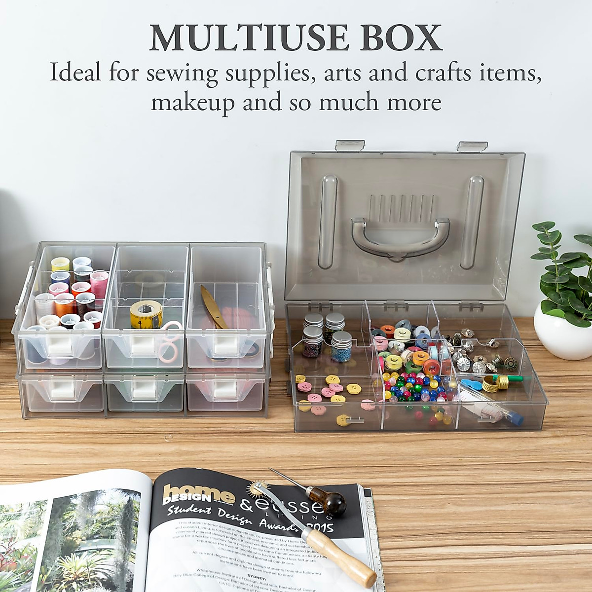 MyGift 11 Inch Smoke Gray Transparent Arts and Crafts Sewing Supplies Storage Organizer Case with White Accents, 24 Customizable Compartments, and 6 Drawers with Removable Dividers