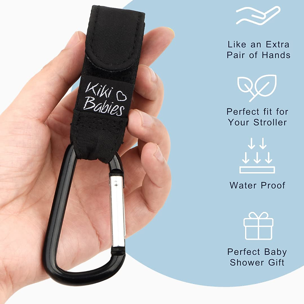 Kiki Babies 2-Pack Stroller Hooks for Bags, Multifunctional Stroller Clip, Diaper Bag Hook, Heavy Duty Carabiner Hanger, Extra Large for Baby Accessories, Bonus Wipes Case & Bag