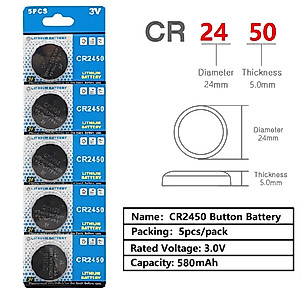 Cotchear 5pcs/Pack CR2450 Coin Battery 550mAh 3V CR 2450 Button Cell Batteries ECR2450 KCR2450 5029LC LM2450 3V Battery for Car Key Remote