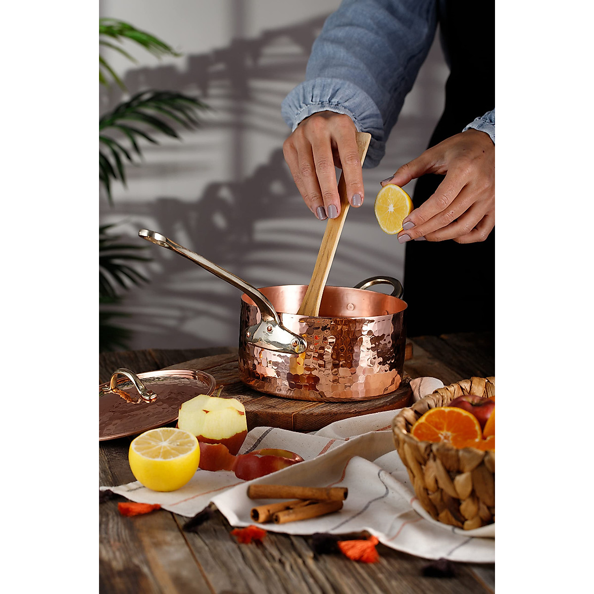 DEMMEX 1mm Thick Hammered Unlined Uncoated Solid Copper Sugar Sauce Zabaglione Pan Candy Jam Caramel Dessert Pot with Lid and Helper Handle, Handmade in Turkey, (1.7-Quart)