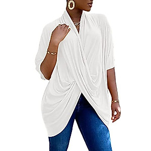 LYANER Women's Wrap V Neck Ruched Short Sleeve Split Hem Blouse Shirt Tunic Top White Large