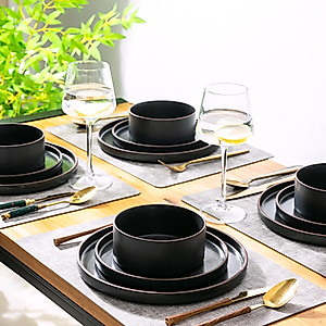 LERATIO Ceramic Dinnerware Sets of 4, Speckled Stoneware Plates and Bowls Set, Chip and Crack Resistant | Oven & Dishwasher & Microwave Safe Dishes Set, Service for 4 - Coffee Rim (12 PCS)