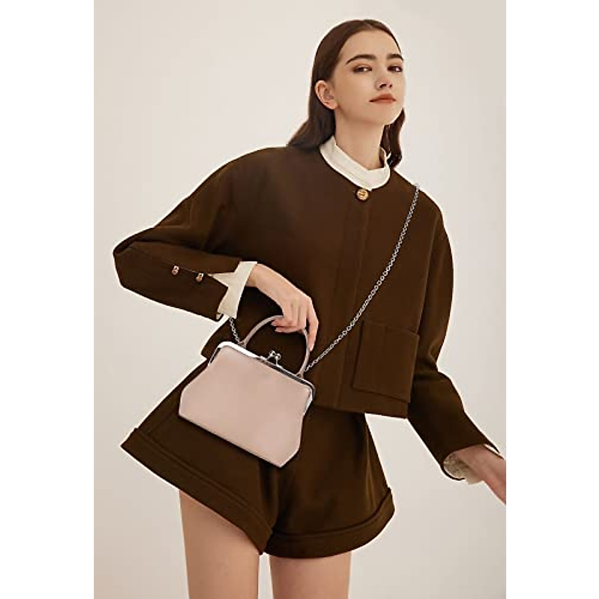 GM LIKKIE Kiss Lock Purses & Handbags, Crossbody Top-handle Clutch Purse for Women, Vintage Evening Clutch Shoulder Bag (Khaiki)