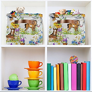 Kigai Storage Basket Field Horses Foldable Canvas Laundry Baskets Bin Waterproof Inner Layer with Sturdy Handles for Toy Nursery Blanket Clothes 1 Pack