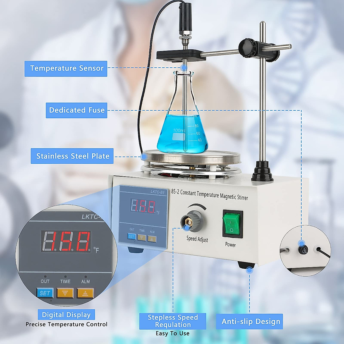Magnetic Stirrer, Hot Plate with Digital Temperature Display & Speed Adjusting, Magnetic Mixer with 7 Pcs Stirrer Stir Bars Mixed, Home Lab Stirrer, 1000ML