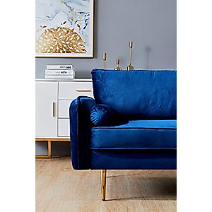JULYFOX Blue Velvet Fabric Sofa Couch, 71 inch Wide Mid Century Modern Living Room Couch with Side Storage Fashion Golden Legs for Small Spaces